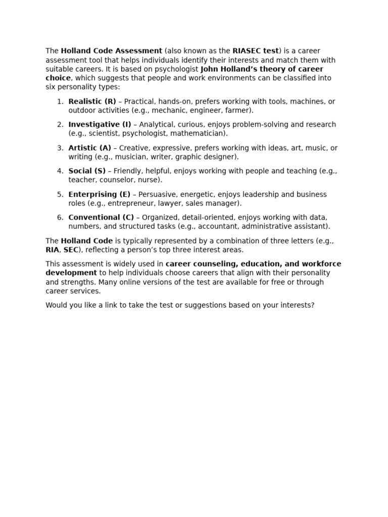 The Holland Code Assessment | PDF