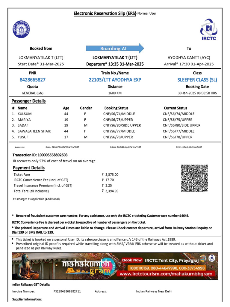 LTT Ayodhya Express Ticket Details | PDF | Identity Document