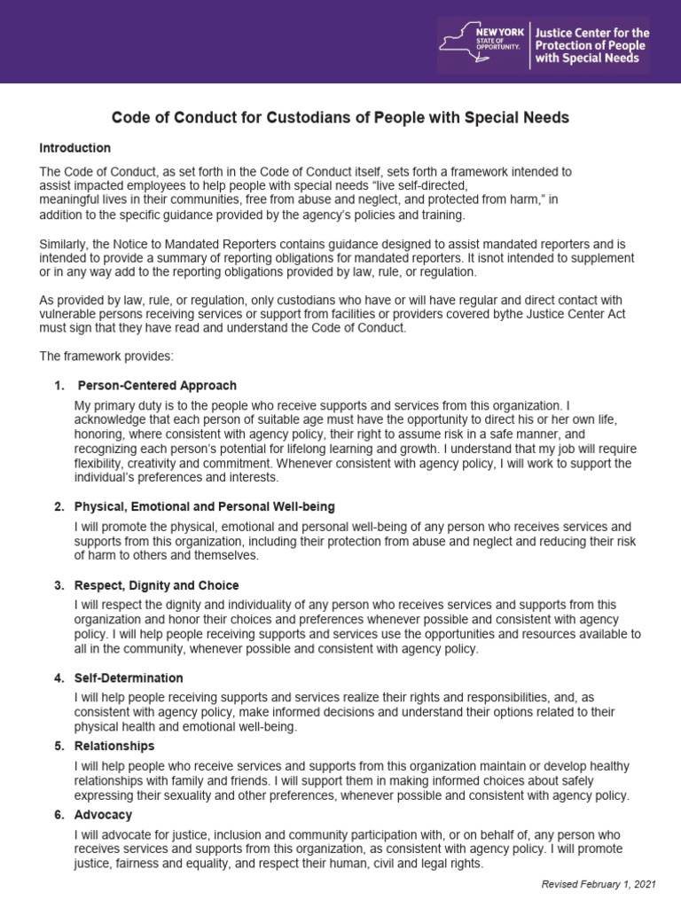 Code of Conduct for Special Needs Custodians | PDF | Discrimination ...