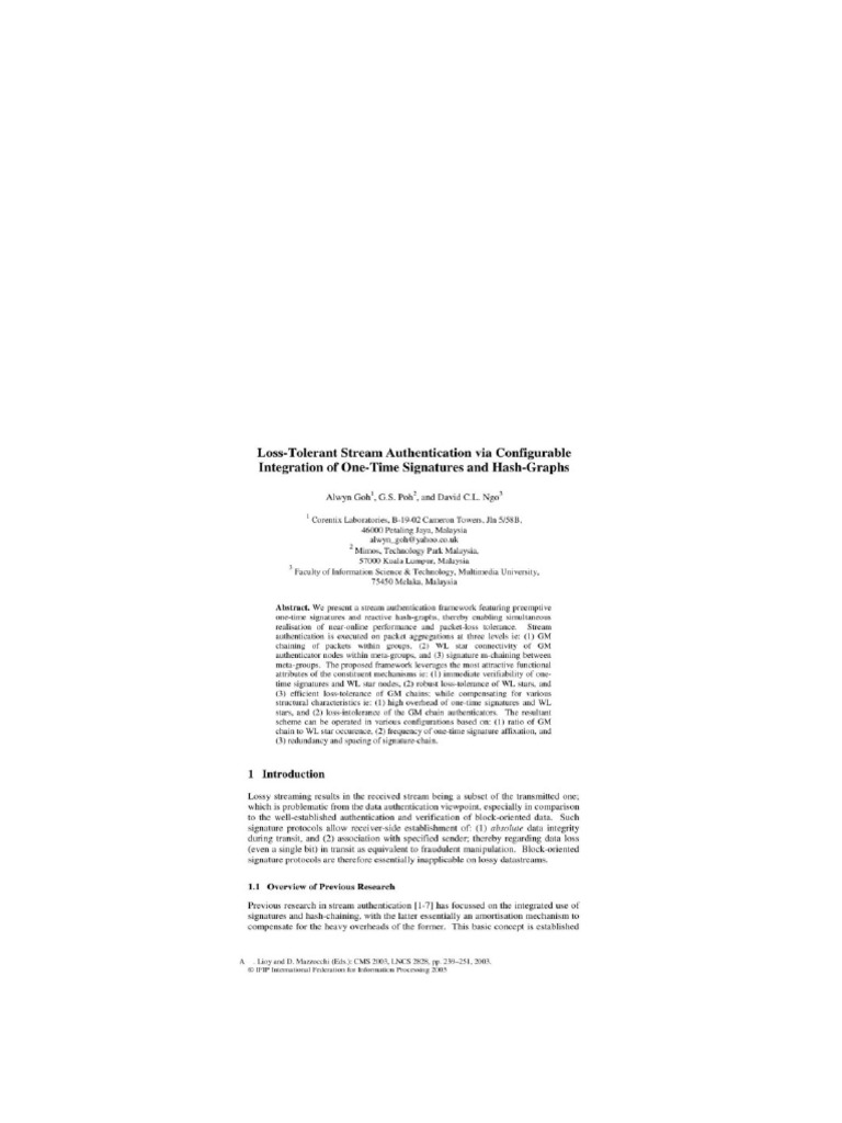 Lncs 2828 Loss Tolerant Stream Authentication Via Configurable