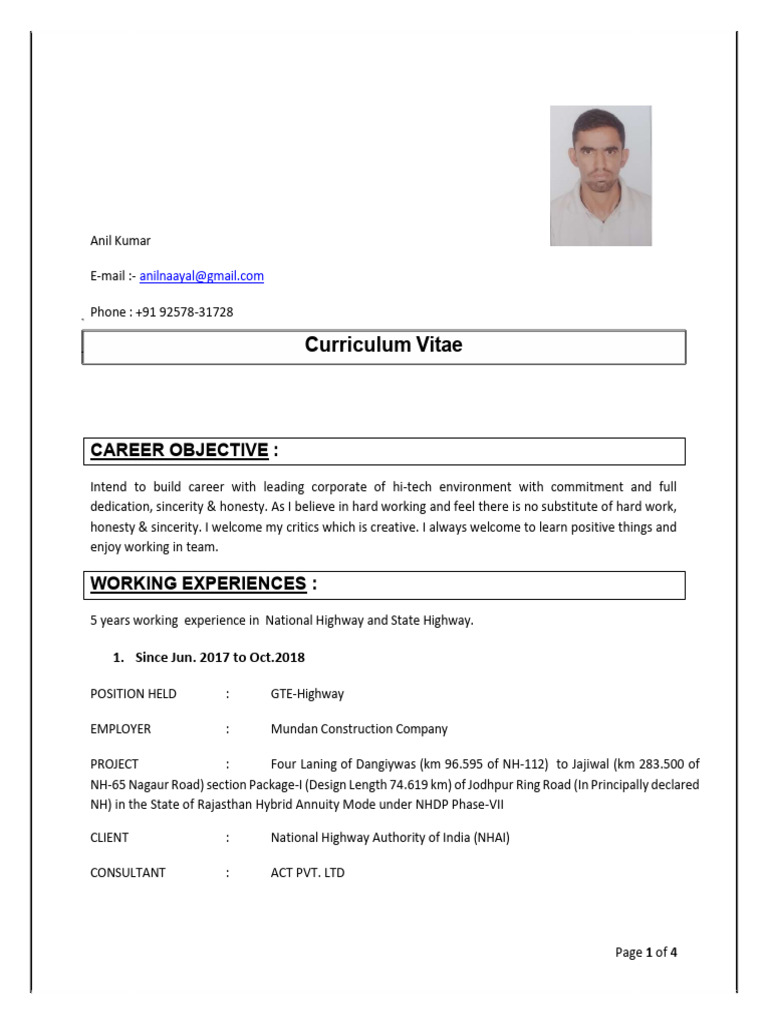 Anil Kumar Resume Highway | PDF | Streets And Roads | Road