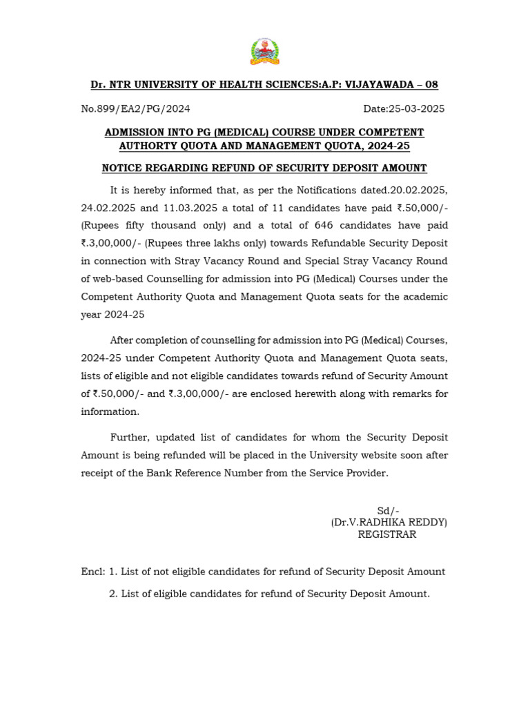 PG (Medical) Admissions 2024-25 - Notice Regarding Refund of Security Deposit | PDF | Academia ...
