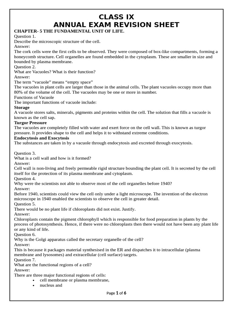 CLASS IX Annual Exam-Biology Revision Sheet 1 | PDF | Vacuole | Cell ...