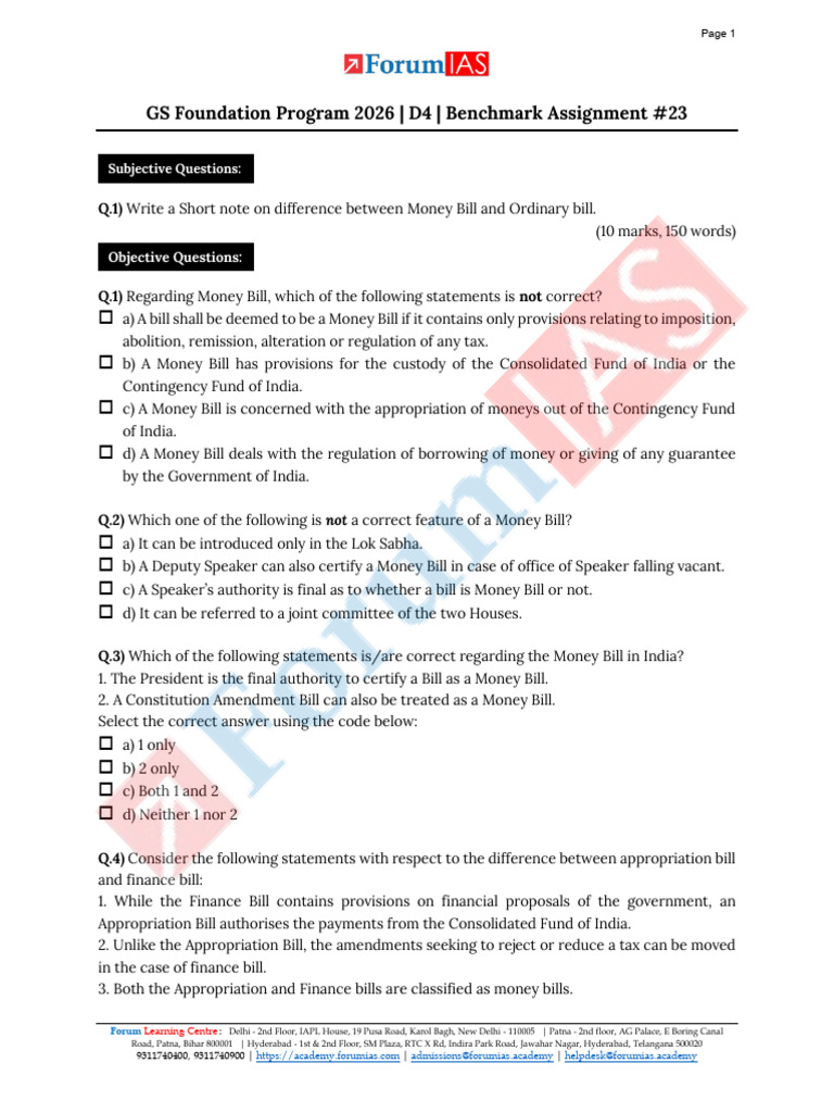 GS Foundation 2026 D4 Assignment 23 QP | PDF | Bill (Law) | Political Law