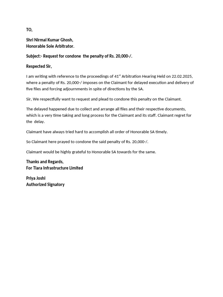 Letter For Condone The Penalty Imposes On Claimant | PDF