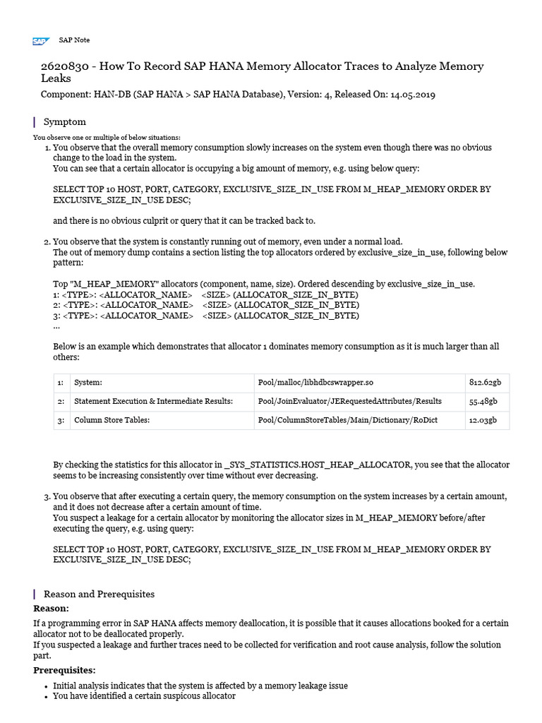 Note 2620830 - How To Record SAP HANA Memory Allocator Traces To Analyze Memory Leaks | PDF ...