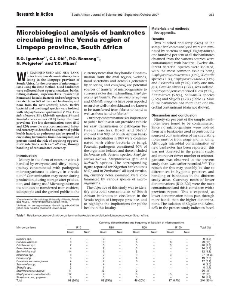 Banknotes Contamination | PDF | Pathogen | Infection