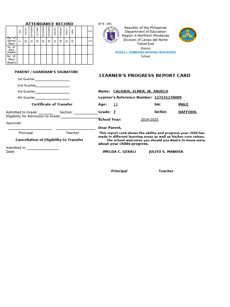 SF9 (Learners Progress Report Card) Template For JHS | PDF | Learning | Behavior Modification