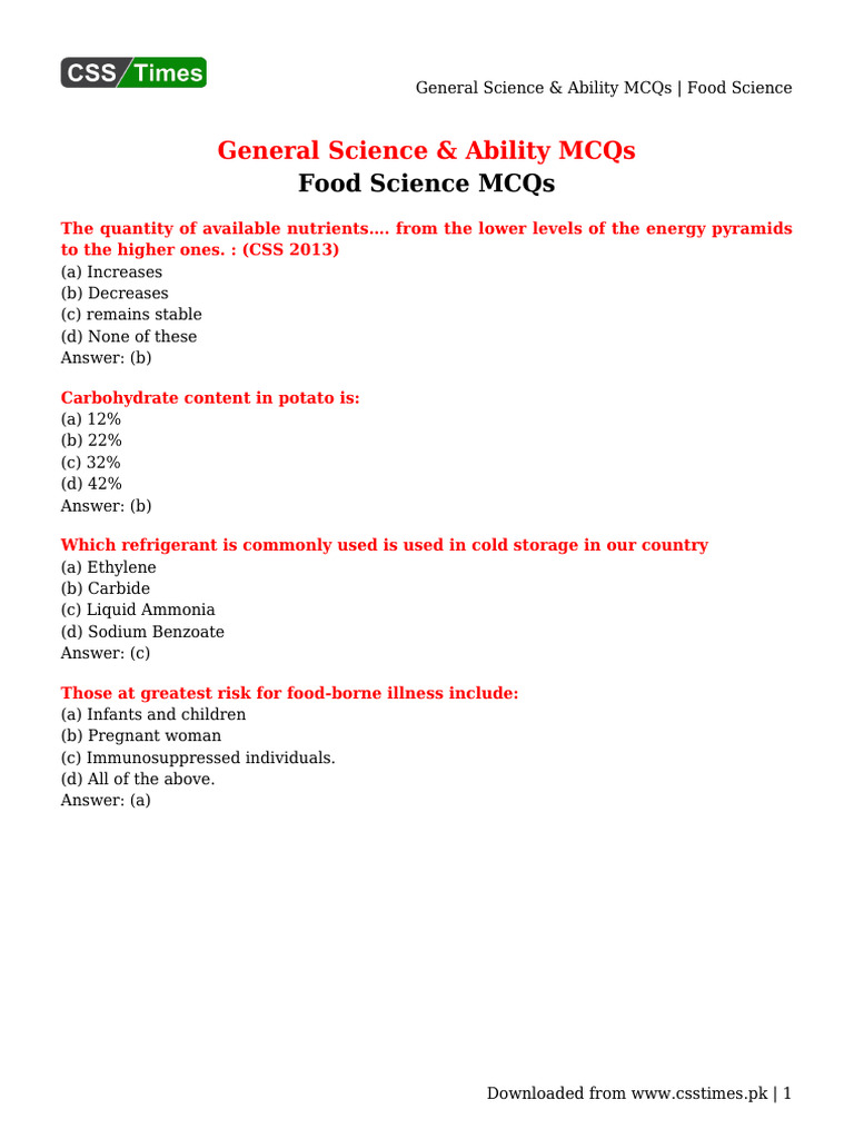 General Science & Ability MCQs _ Food Science | PDF | Foods | Vegetables