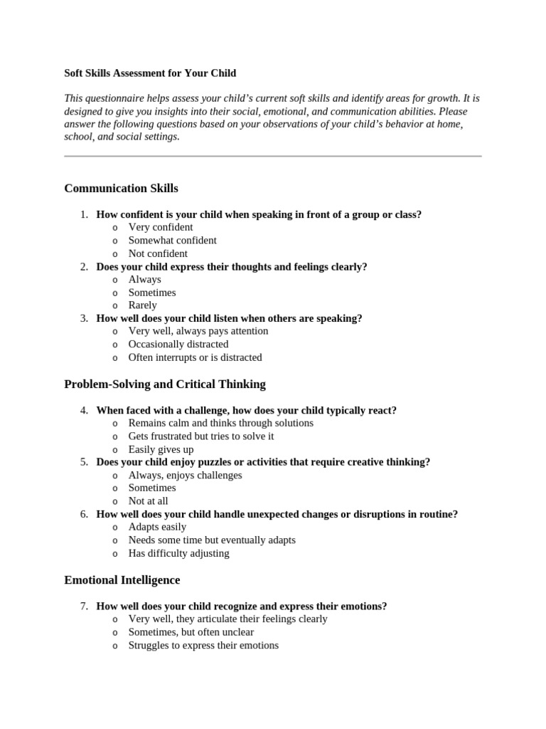 Child Soft Skills Assessment Questionnaire | PDF | Thought | Leadership