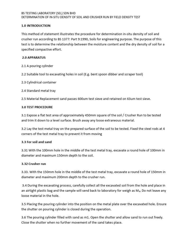 Bs Testing Laboratory (Sel) SDN BHD Determination of In-Situ Density of ...