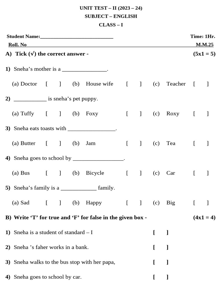 Class 1 English Unit Test II 2023-24 | PDF