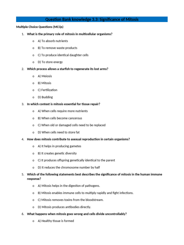 Question Bank Significance of Mitosis Grade 9 Biology Chapter 3 ...