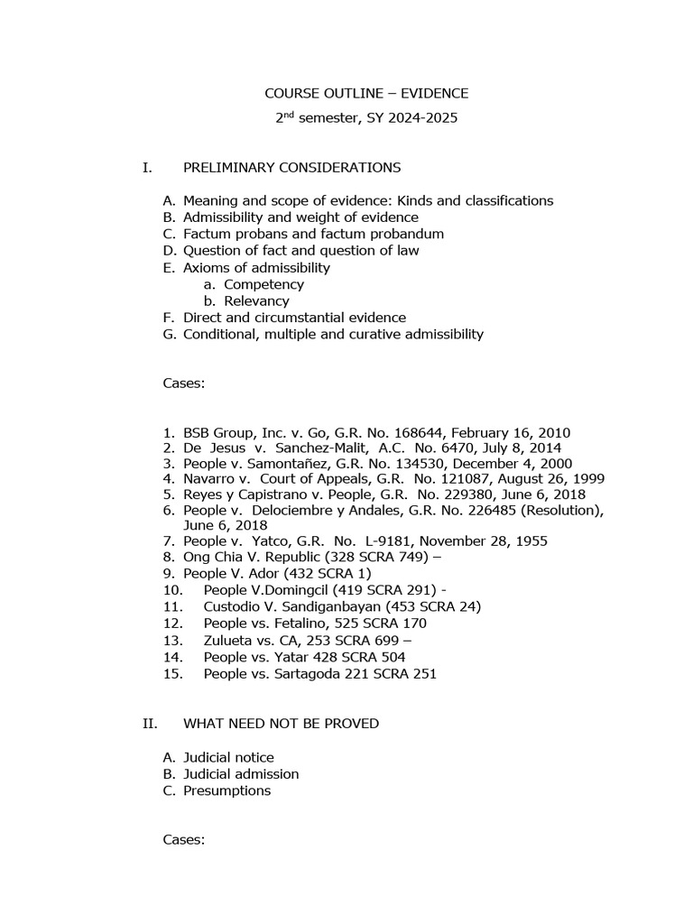 COURSE OUTLINE IN EVIDENCE 2nd-Sem-2024-2025 - 250123 - 213124 | PDF ...