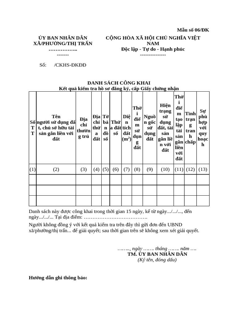 Mẫu số 06.Danh sách công khai kết quả kiểm tra hồ sơ đăng ký cấp GCN | PDF
