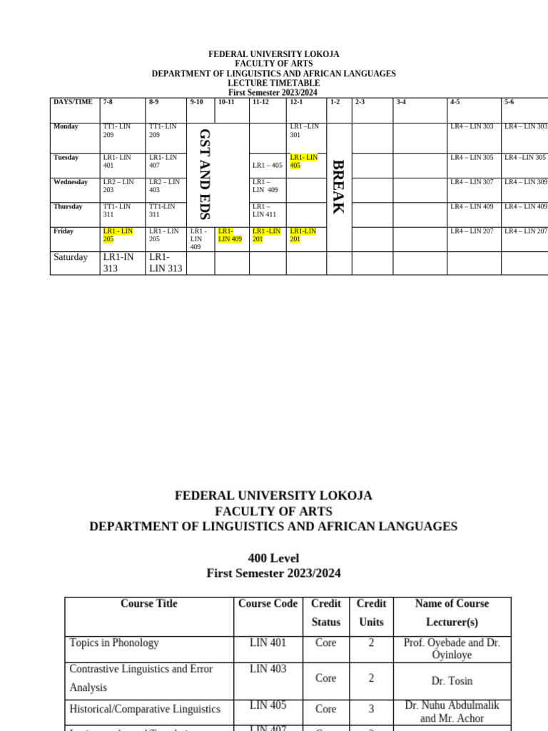 Lecture Time Table and Course Allocation for Linguistics Department ...
