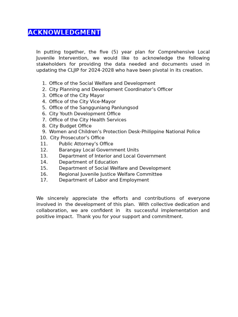 Acknowledgment for Juvenile Intervention Plan | PDF