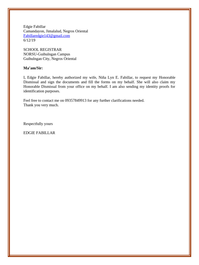 Authorization Letter Edgie Fabillar | PDF
