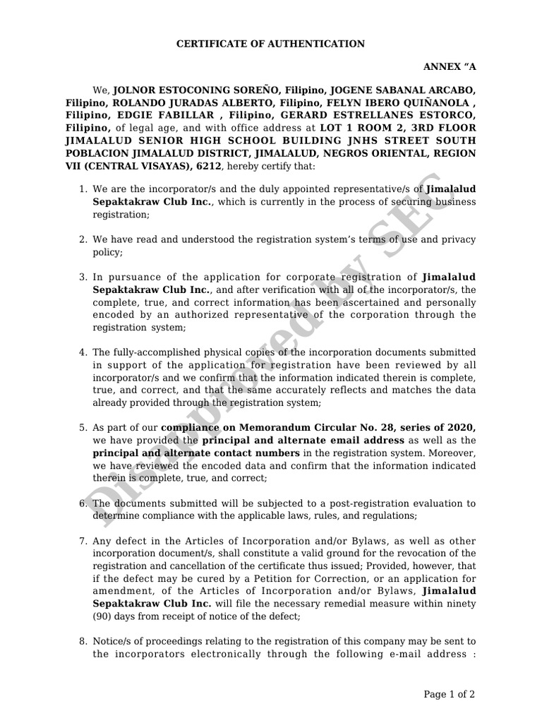 Certificate of Authentication | PDF | Articles Of Association | Justice