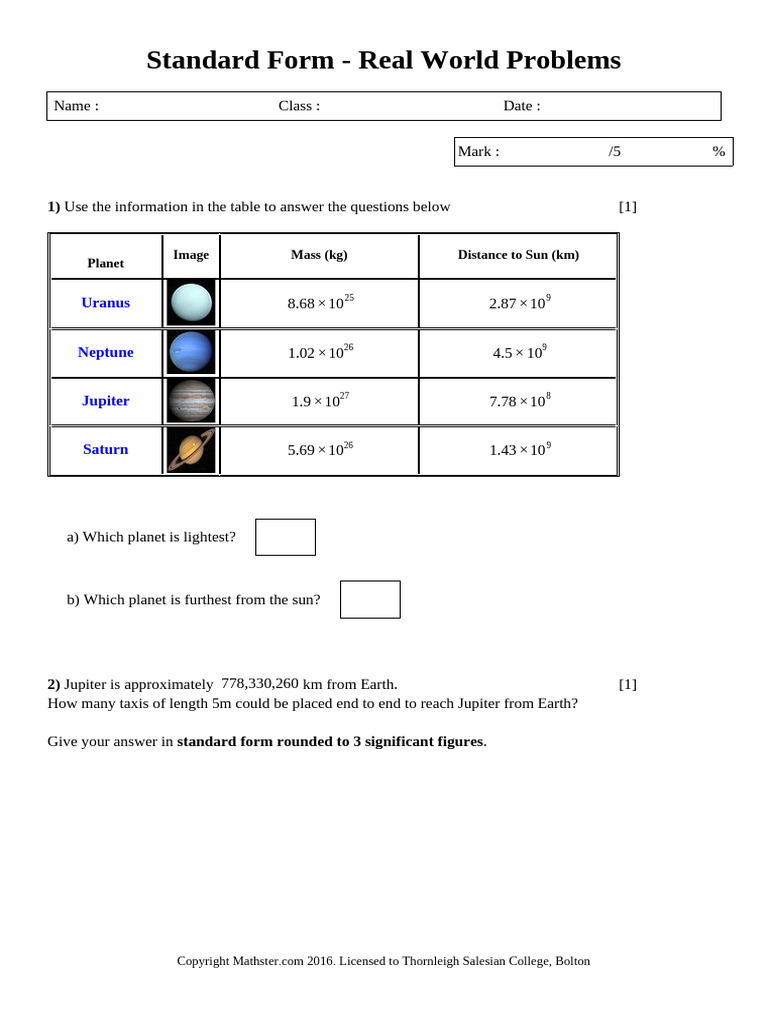 Maths Standard Form Worksheet 8 | PDF | Uranus | Planets
