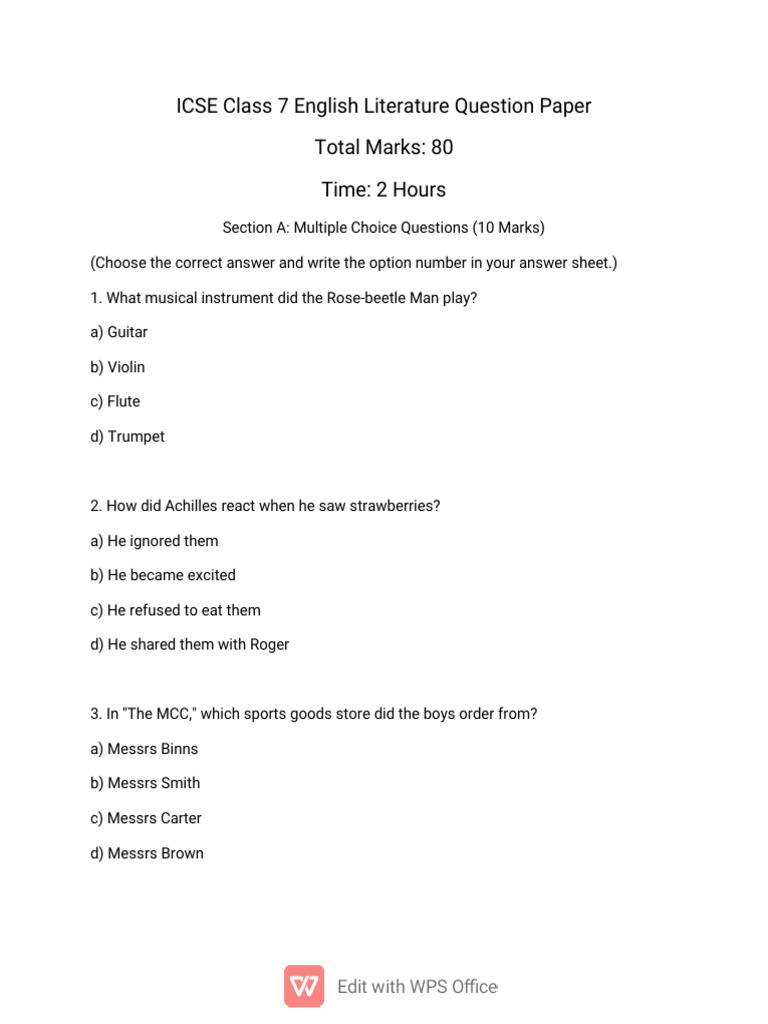 ICSE Class 7 English Literature Question Paper | PDF
