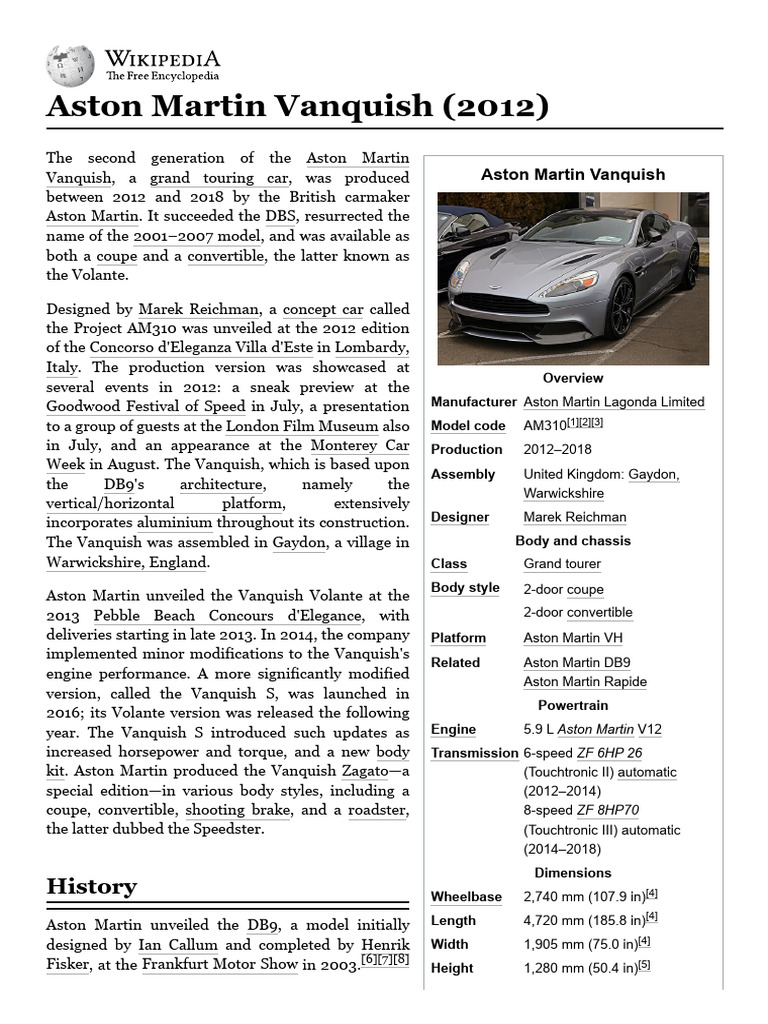 Aston Martin Vanquish (2012) - Wikipedia | PDF | Luxury Vehicles | Car ...