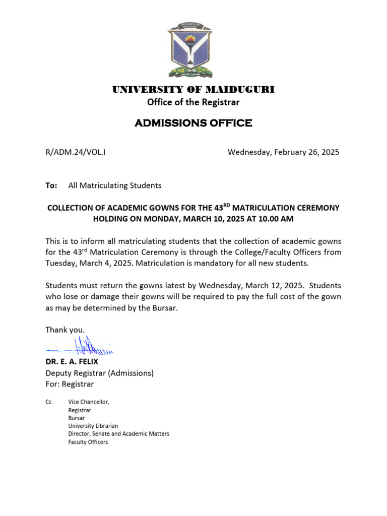 Matriculation Circular To Students | PDF