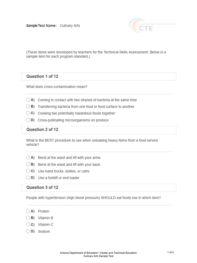 Culinary Arts Sample Test | PDF | Cooking | Cuisine