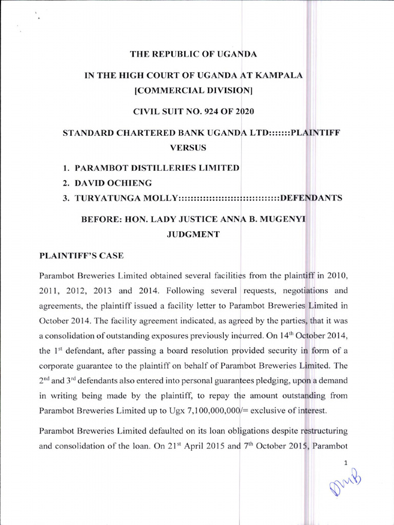 Standard Chartered Bank Uganda Limited V Parambot Distilleries Limited ...
