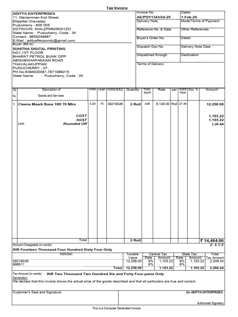 Tax Invoice for Aditya Enterprises | PDF | Public Finance | Economies