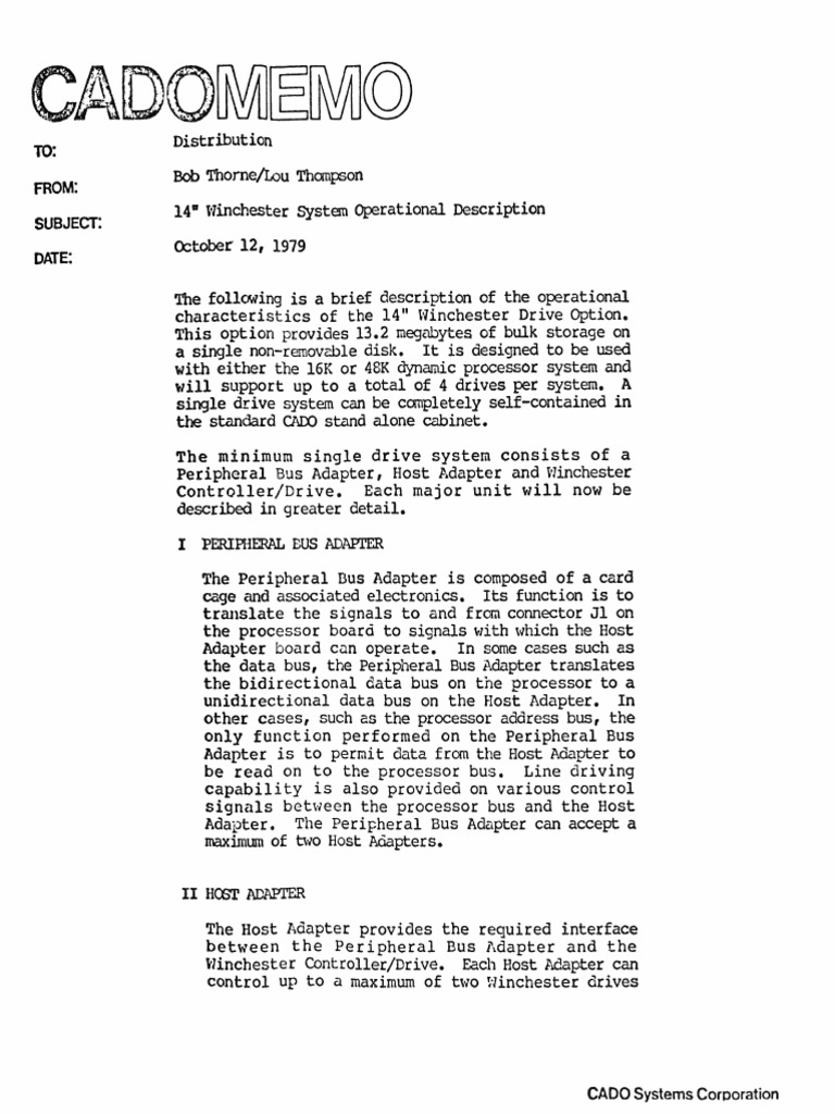 CADO Systems - 14-Inch Winchester System Operational Description Memo ...