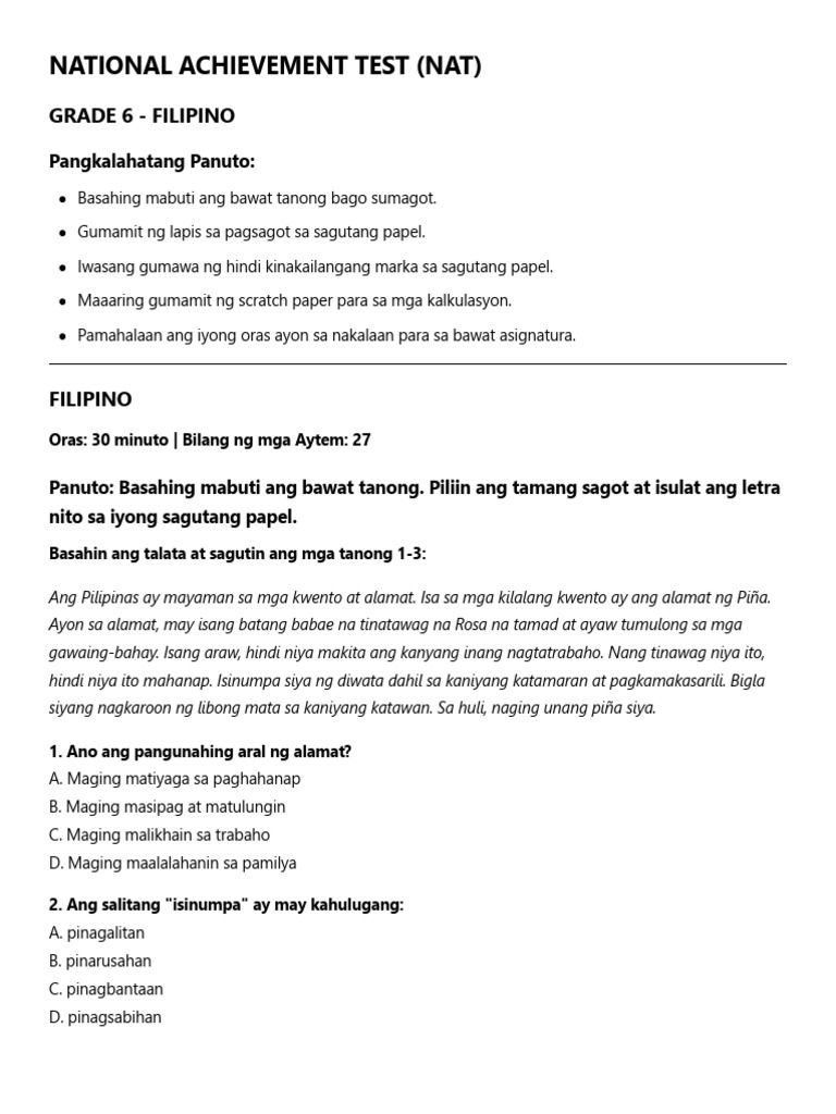 Grade 6 National Achievement Test - FILIPINO | PDF
