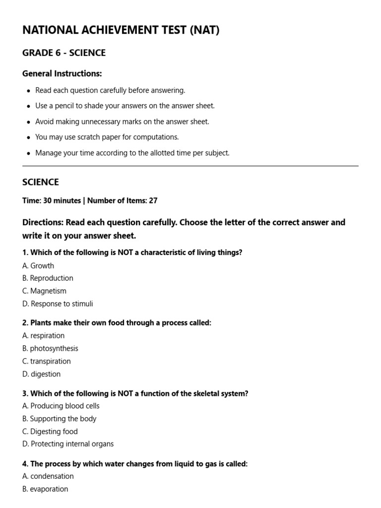 Grade 6 Science National Achievement Test | PDF | Earth | Water
