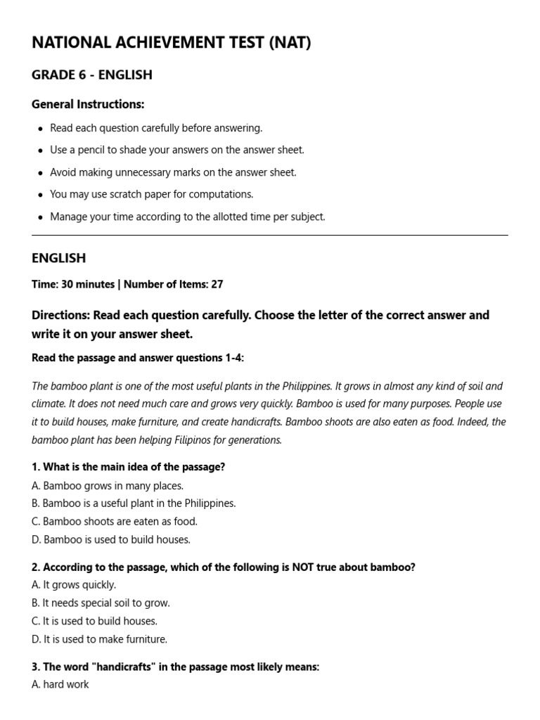 Grade 6 English National Achievement Test | PDF | Verb | Adjective