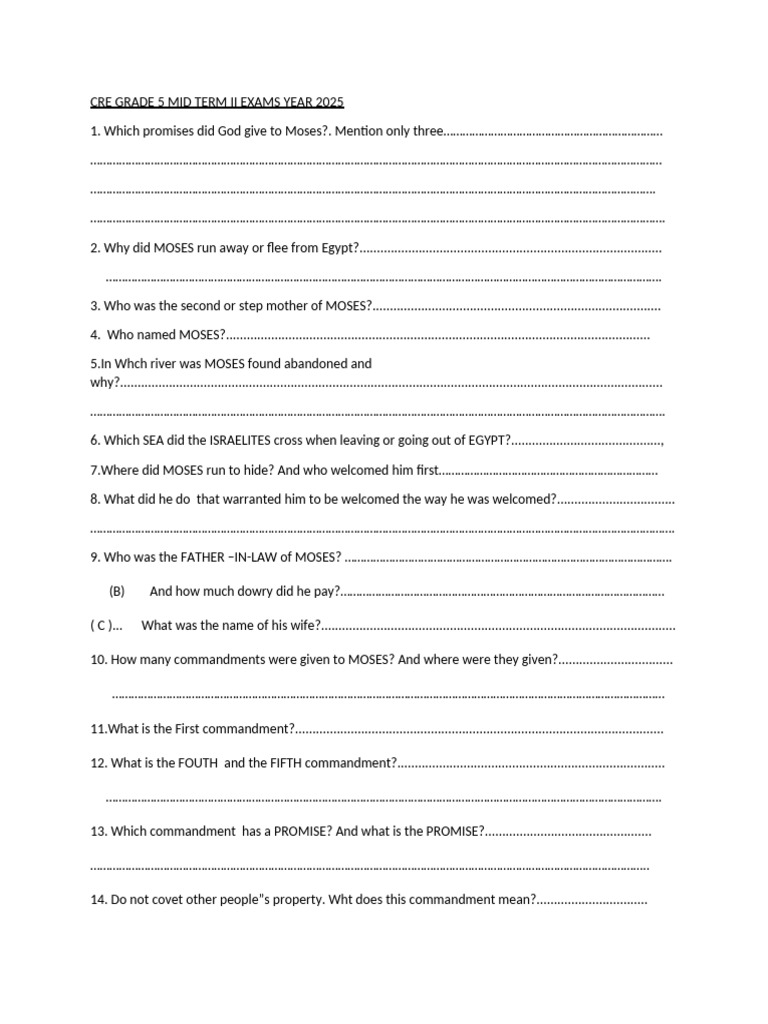Grade 5 CRE Mid Term II Exam 2025 | PDF | The Exodus | Moses