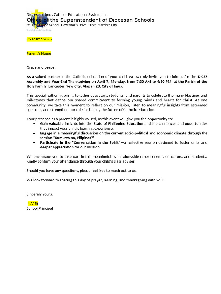 Template Invitation Letter For Parents | PDF