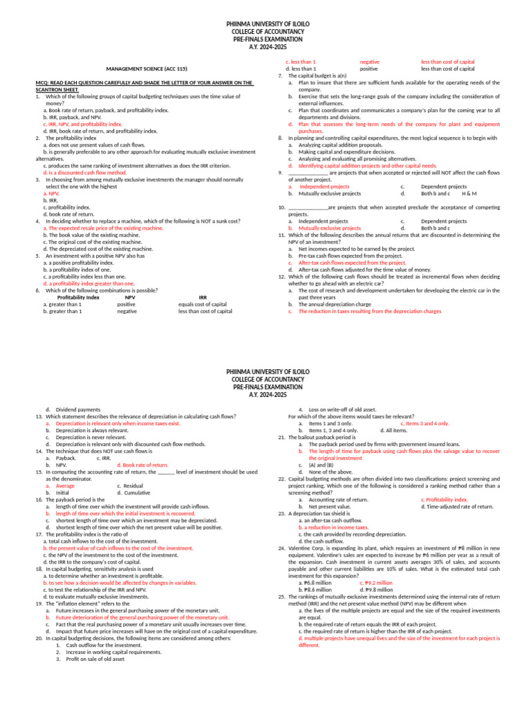 Acc 115 Prefinal Exams Ay2425 | PDF | Capital Budgeting | Net Present Value