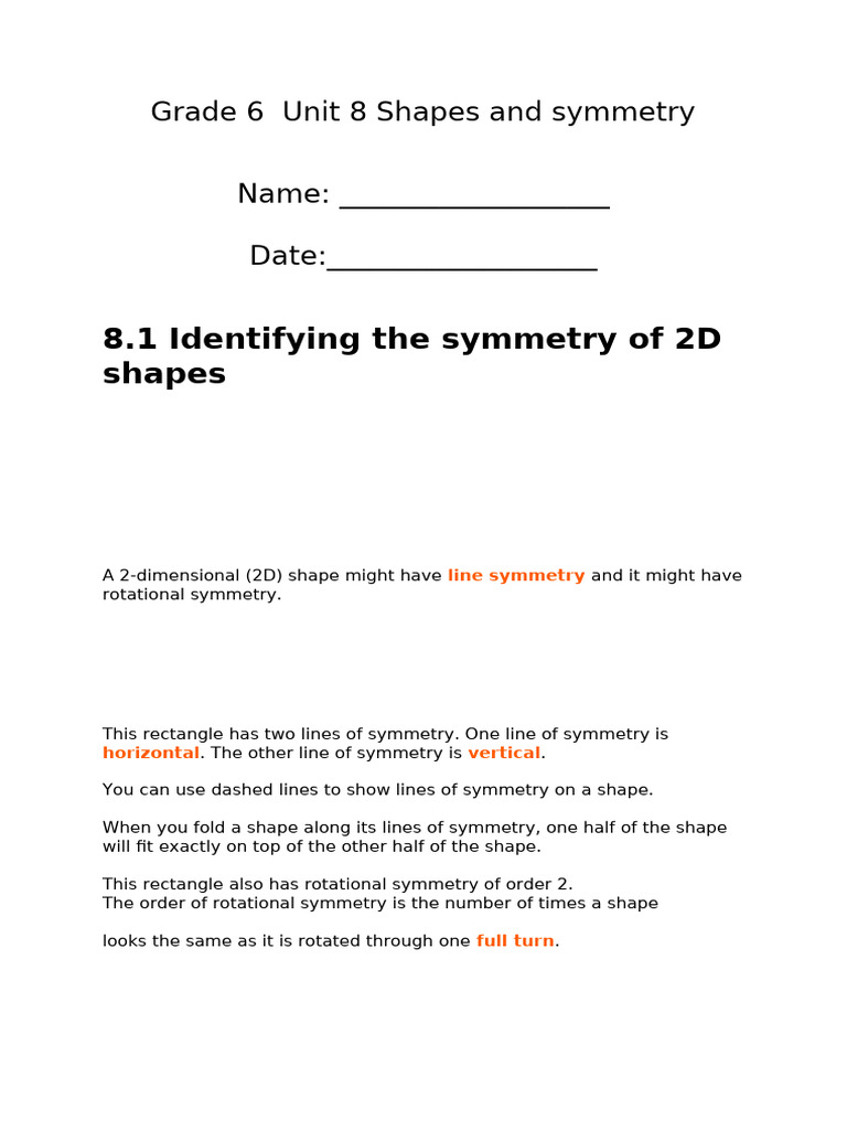 Grade 6 Unit 8 Shapes and Symmetry | PDF | Circle | Shape