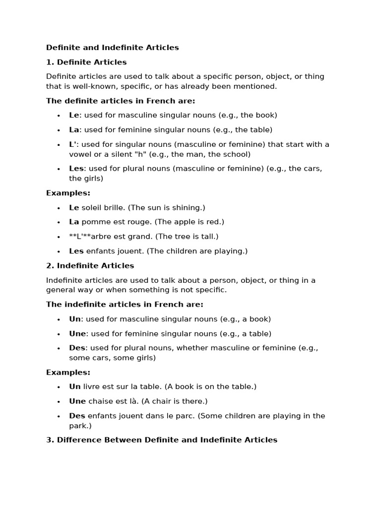 French Articles: Definite vs Indefinite | PDF