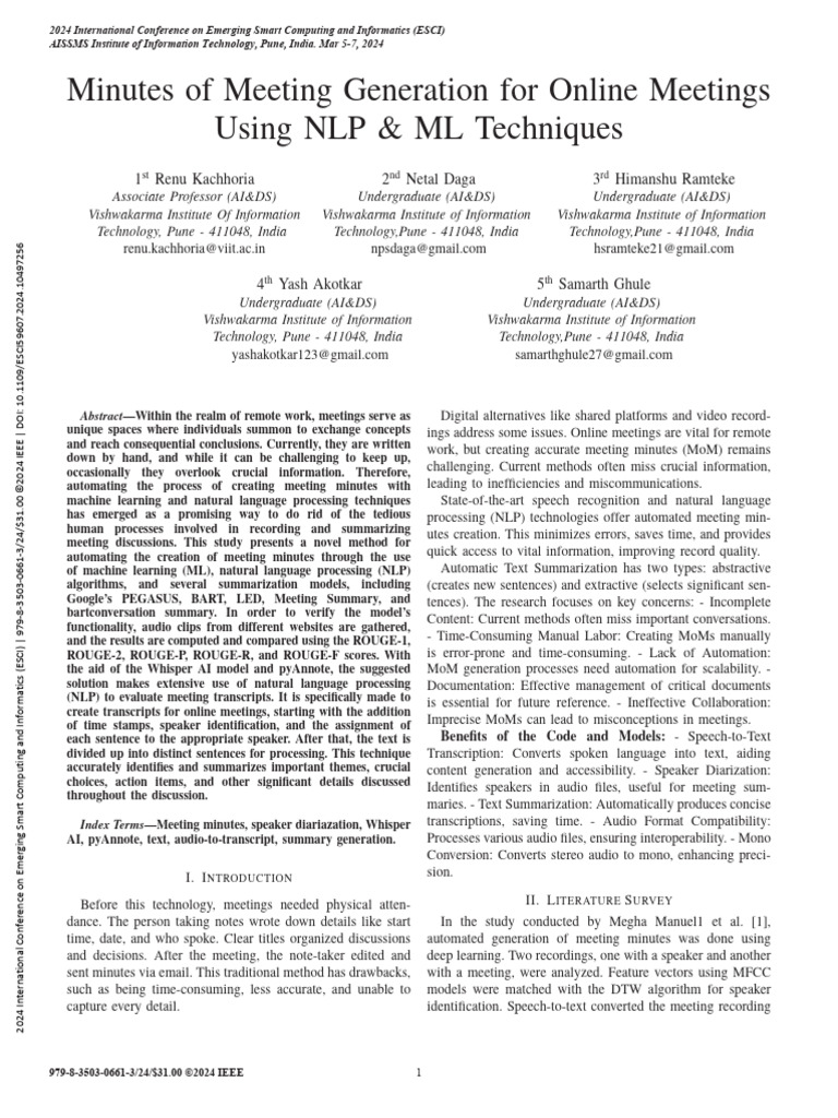 Minutes of Meeting Generation For Online Meetings Using NLP Amp ML ...