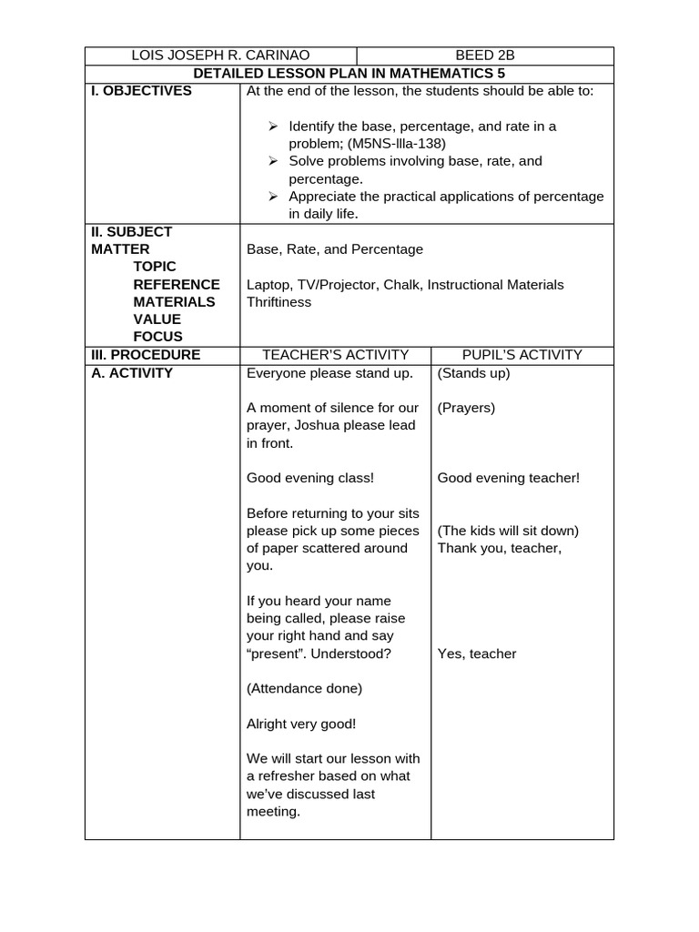 Grade 5 Lesson Plan in Mathematics - Base, Rate, and Percentage | PDF ...