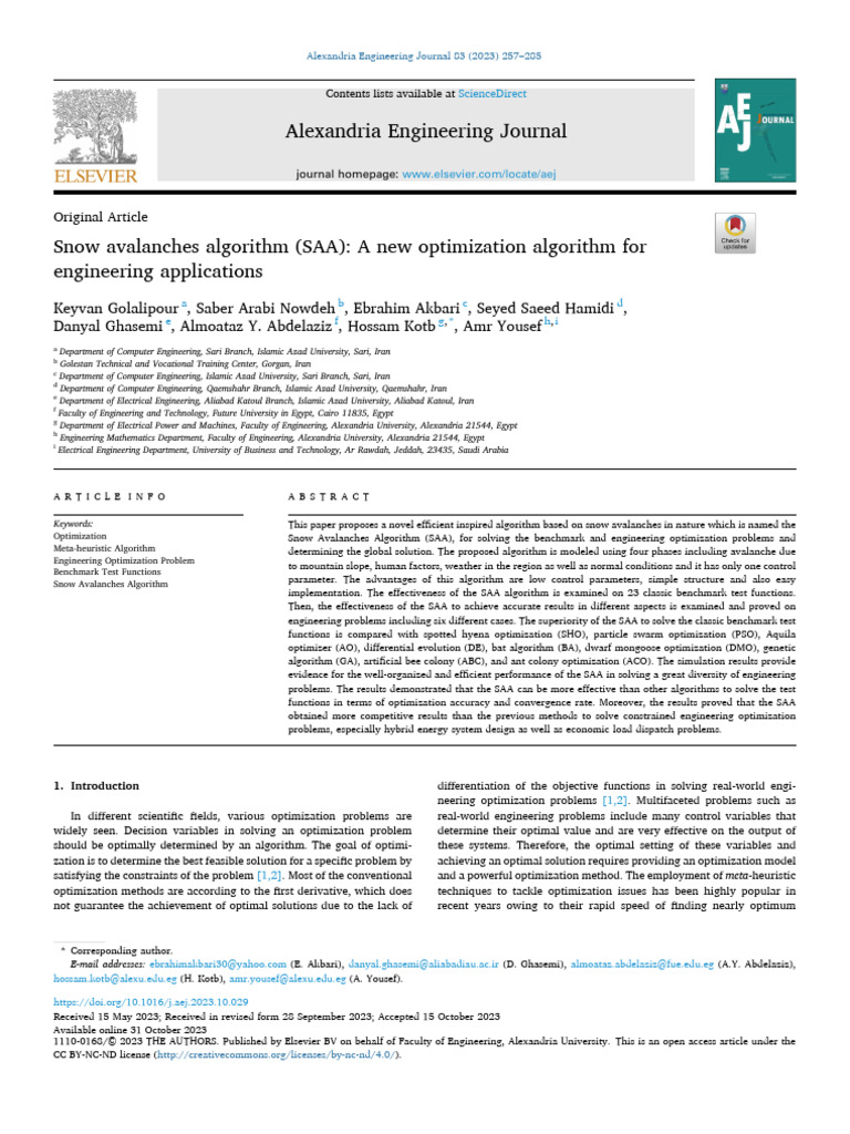 Snow Avalanches Algorithm SAA A New Optimization A 2023 Alexandria ...
