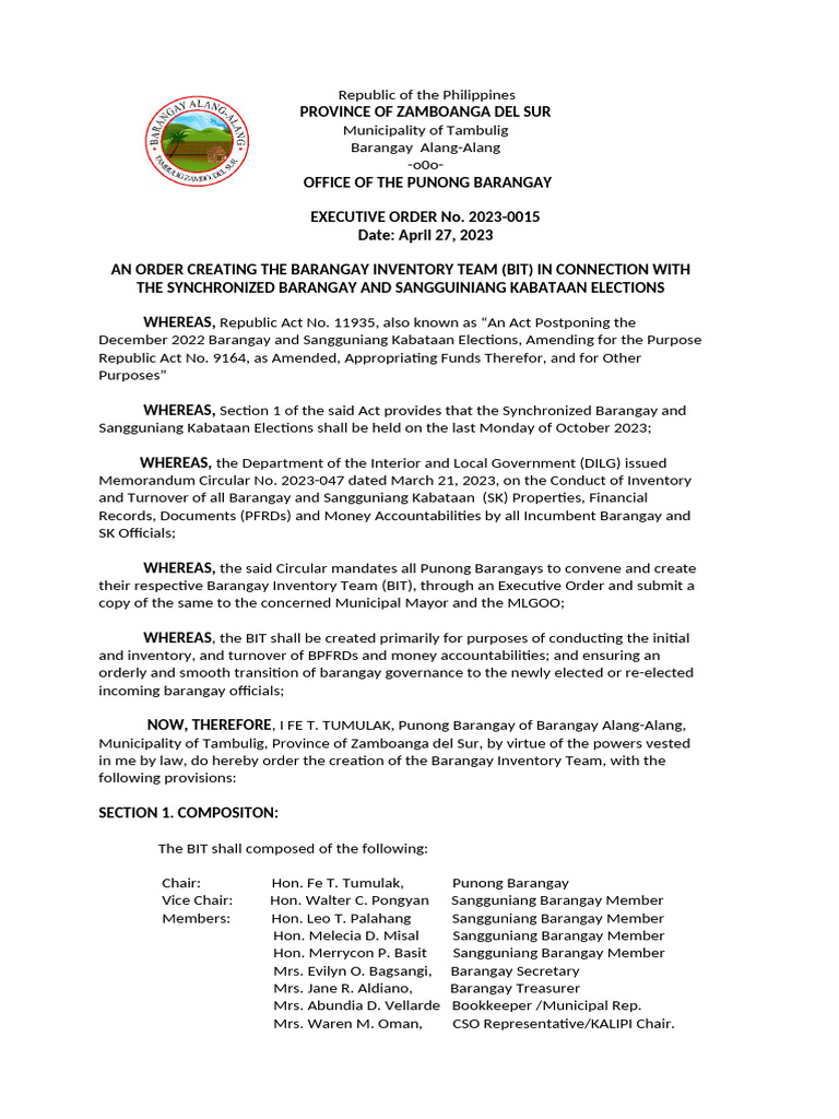 E. O. Creating Barangay Inventory Team (BIT) | PDF | Government