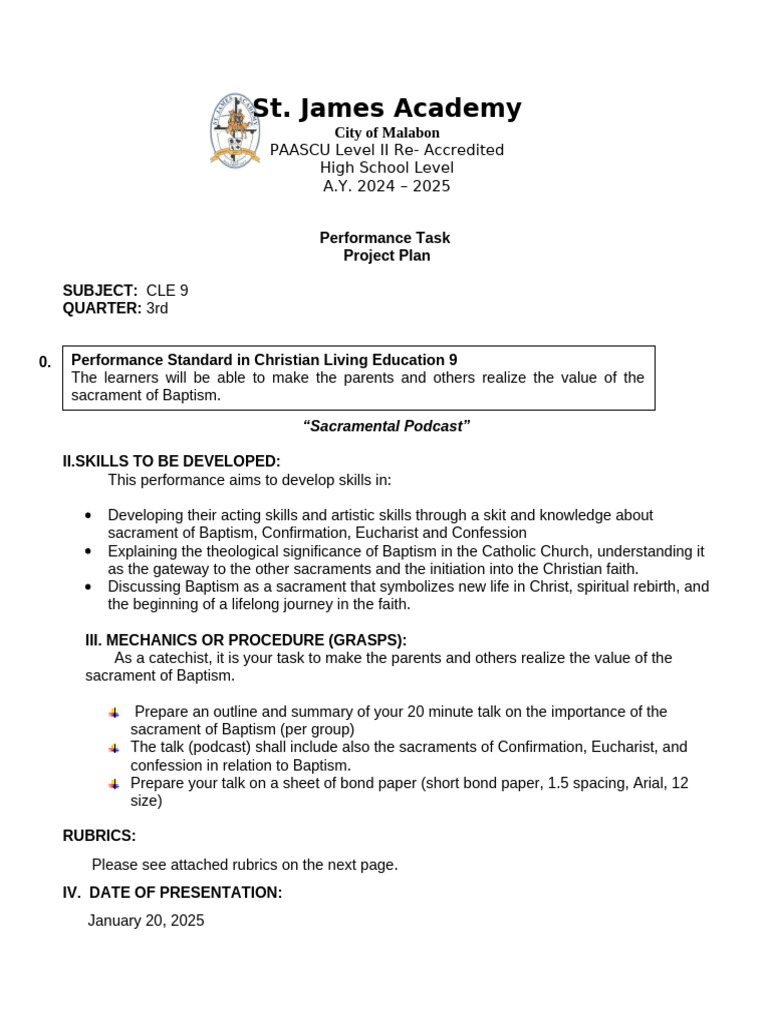 3rd Quarter Performance Task | PDF | Sacraments | Baptism