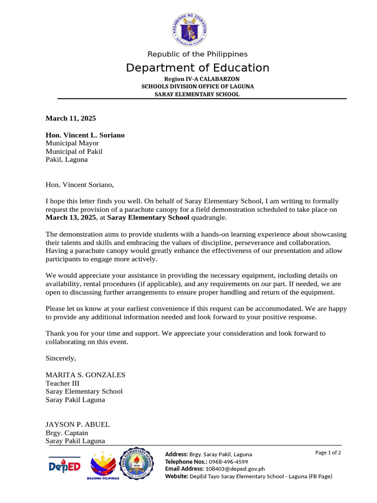 Request for Canopy Support in Pakil | PDF