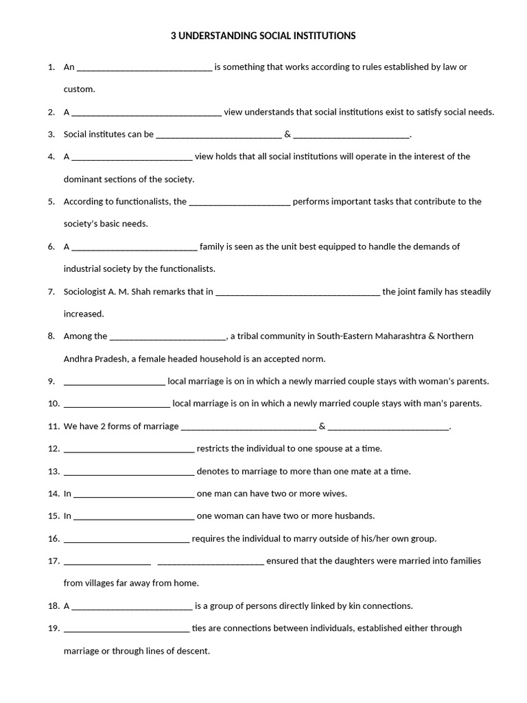 3 - Understanding Social Institutions - Fill in The Blanks | PDF ...
