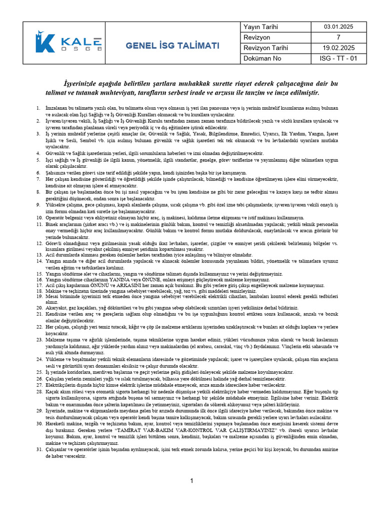 Genel İSG Talimatı | PDF