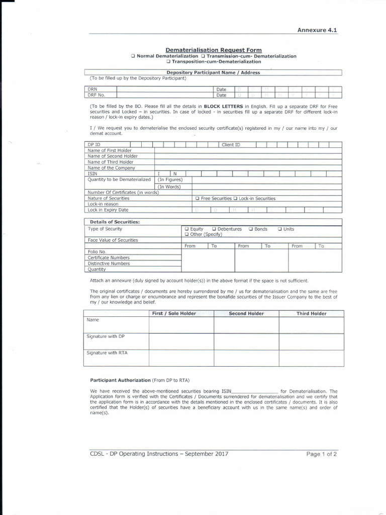 CDSL Dematerlisation Req Form | PDF