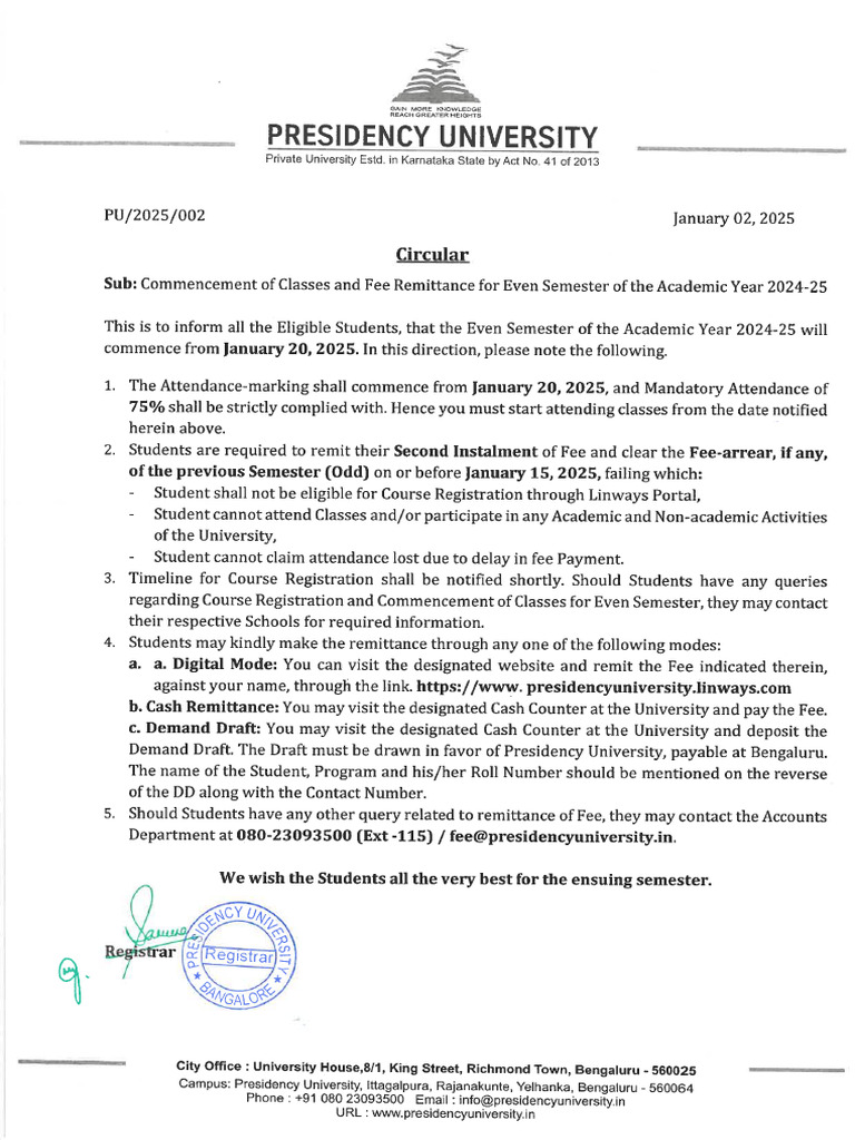 Circular (PU2025002) Commencement of Classes and Fee Remittance For ...