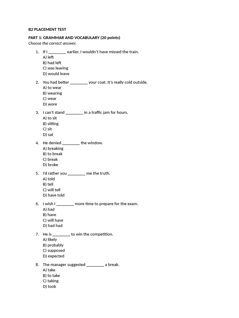 B2 Placement Test: Grammar & Reading | PDF | Learning | Cognition